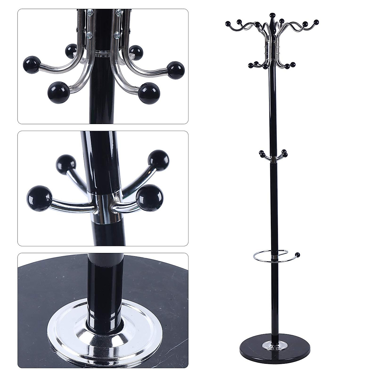WDZCZDoo 67" Metal Coat Rack Stand with Natural Marble Base, Free Standing Hall Tree with 16 Hooks for Hanging Scarf, Bag, Jacket, Home Entry-way Hat Hanger Organizer (Black)