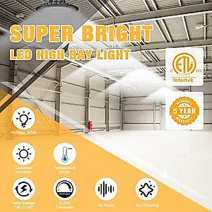 JC-LGL UFO LED High Bay Light 300W 4Pack,High Lights 45,000LM(1250W MH/HPS Eqv.) Dimmable 6' Cable with Plug,Hanging Hook,Safe Rope,ETL Listed for Warehouse Factory Barn Shop,Black