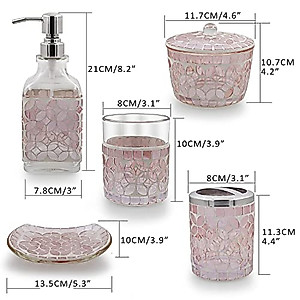 LushAccents Bathroom Accessories Set, 5-Piece Decorative Glass Bathroom Accessories Set, Soap Dispenser, Vanity Tray, Jar, Toothbrush Holder, Tumbler, Elegant Rose Gold Mosaic Glass