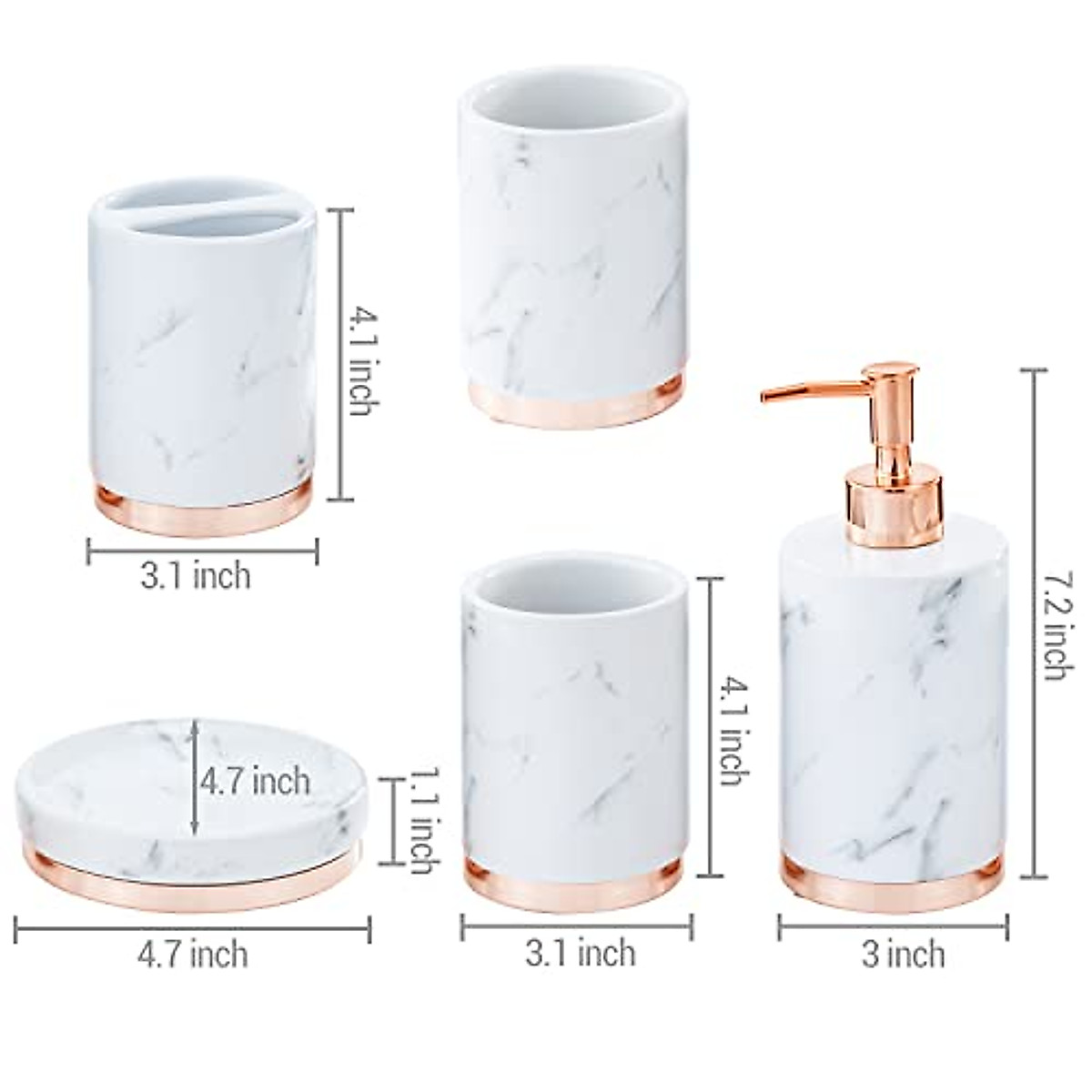 MyGift 5 Piece Modern White Ceramic Bathroom Accessory Set with Marbled Design and Rose Gold Accents, Includes Lotion Pump Dispenser, Toothbrush Holder, Tumbler and Soap Dish