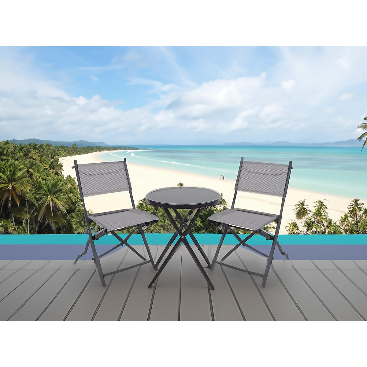 BTEXPERT 3-Piece Patio Bistro Dining Furniture Set Portable Folding Picnic Table Two Chairs Outdoor Foldable Gray for Backyard Porch Party RV Event Camping Commercial Grade Tempered Glass No Assembly