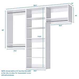 Closet Kit with Hanging Rods & Shelves - Corner Closet System - Closet Shelves - Closet Organizers and Storage Shelves (White, 96 inches Wide) Closet Shelving