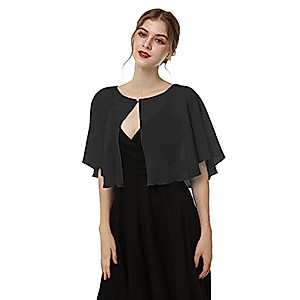 Chiffon Capelet Women's Soft capes Shawls and Wraps for Evening Dress Wedding Cape Cover Up (Black)