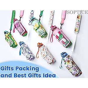 SOPTICE 32oz Water Bottles with Sleeve and Straw Lid Hands Free for Outdoor Sports Insulated Neoprene Holder with Adjustable Strap BPA Free Reusable Drink Jug with Carrier Bag for Phone Tiger Lily