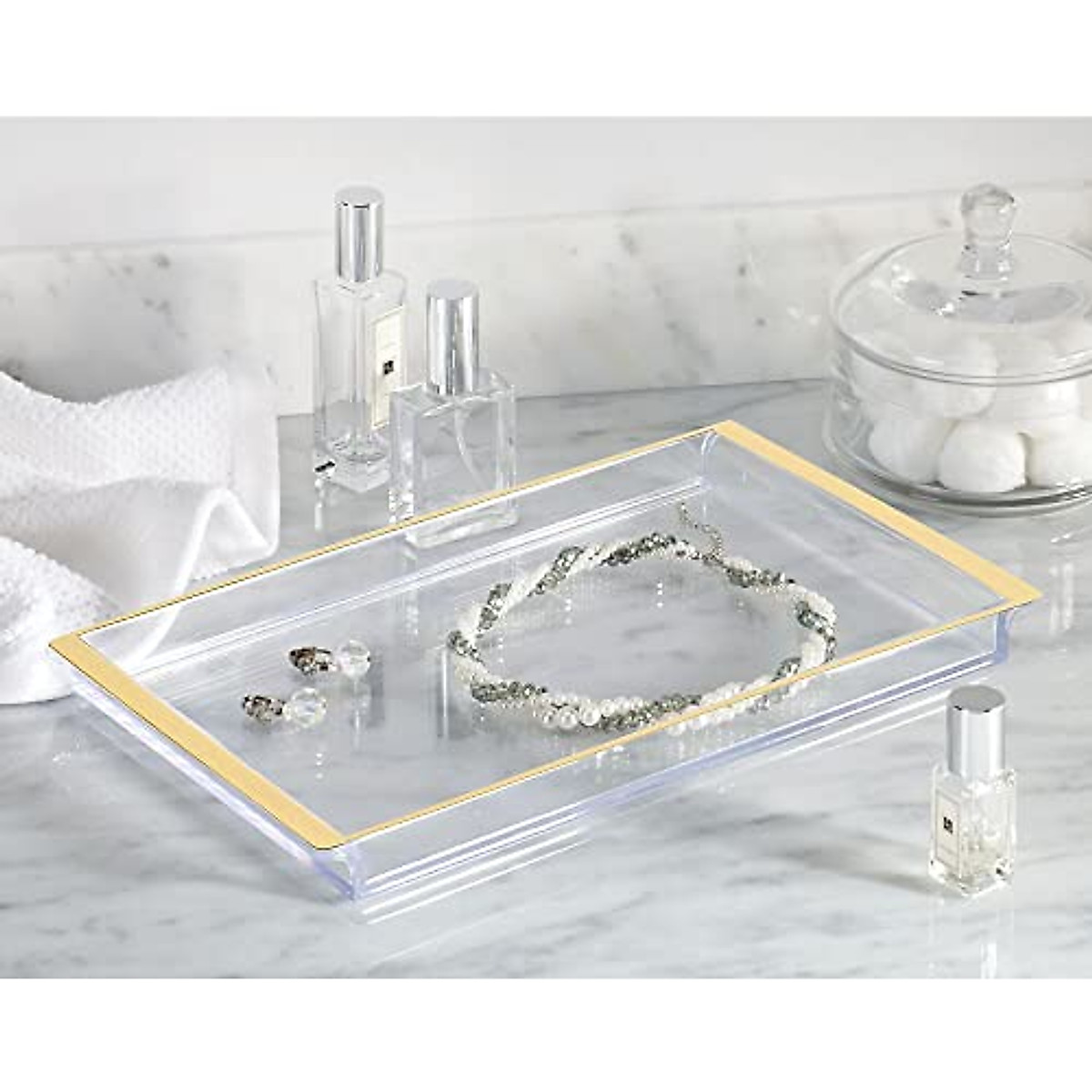 mDesign Plastic Bathroom Counter Tray and Organizer - Perfume, Guest Hand Towel, Makeup, and Accessory Holder Tray for Bathroom Countertop and Vanity - Petal Collection - Clear/Soft Brass