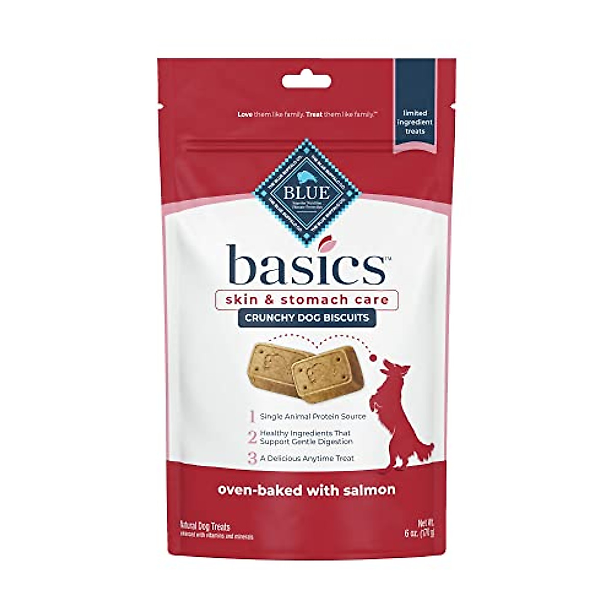 Blue Buffalo Basics Skin & Stomach Care Biscuits Crunchy Dog Treats, Salmon & Potato 6-oz Bag