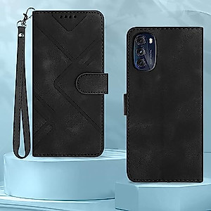 JHWVVTF for Moto G 5G 2022 Wallet Case, Card Holder Leather Kick-Stand, Wrist Strap, Magnetic Closure, Shockproof Protective Pattern Flip Cover (Black)