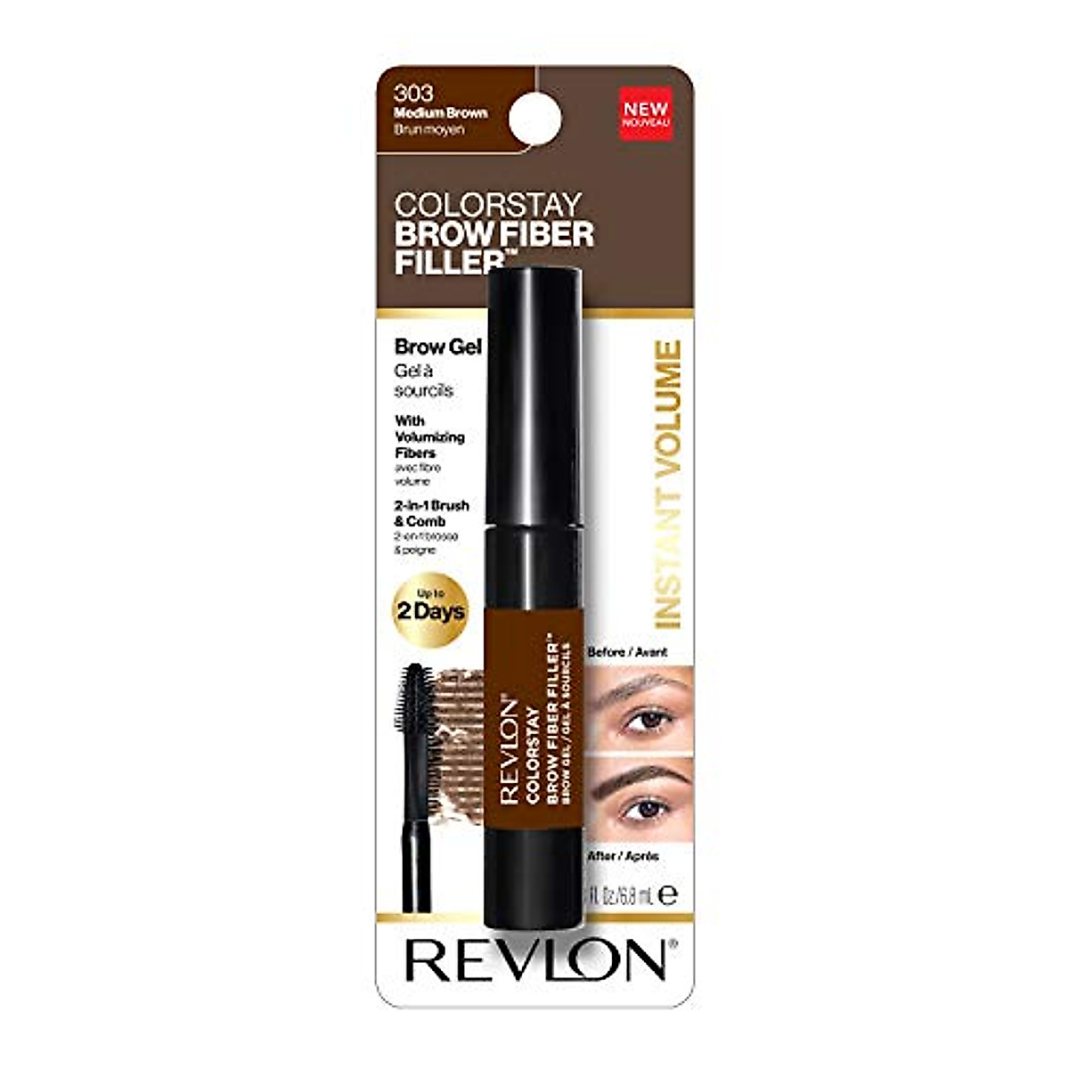 Revlon ColorStay Brow Fiber Filler, Longwearing & Volumizing Waterproof Eyebrow Gel, 303 Medium Brown, 0.23 fl. oz.