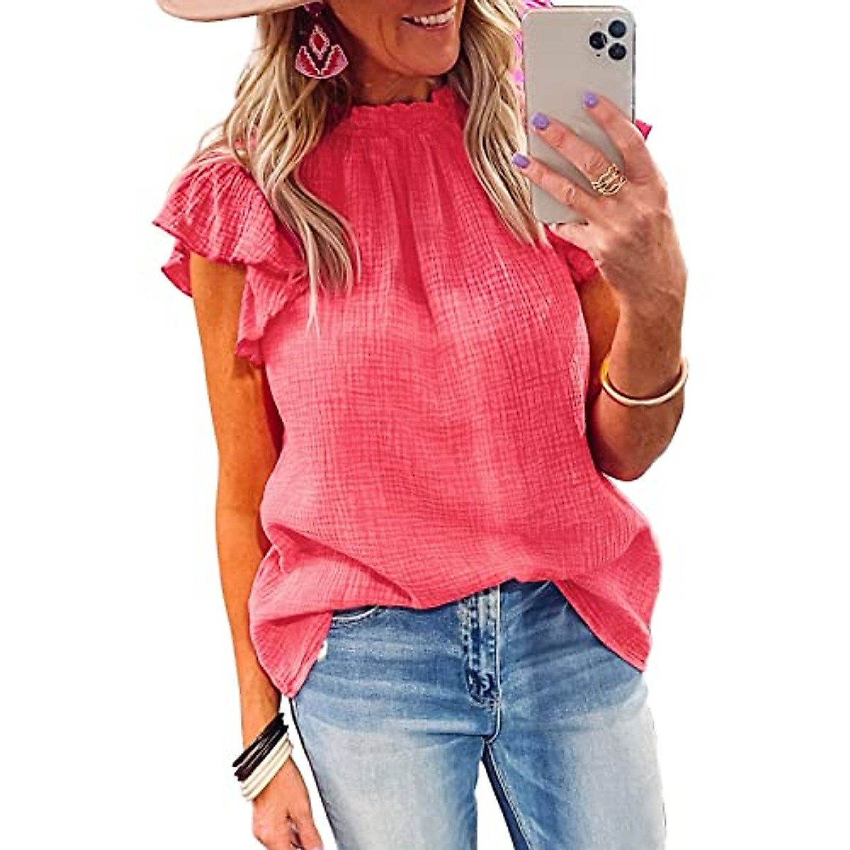 Dokotoo 2023 Stylish Ladies Tops and Blouses Solid Cotton Causal Crewneck Smocked Ruffle Short Sleeve Shirts Comfy Loose Fit Tunic Summer Sexy Tops for Women Rose M