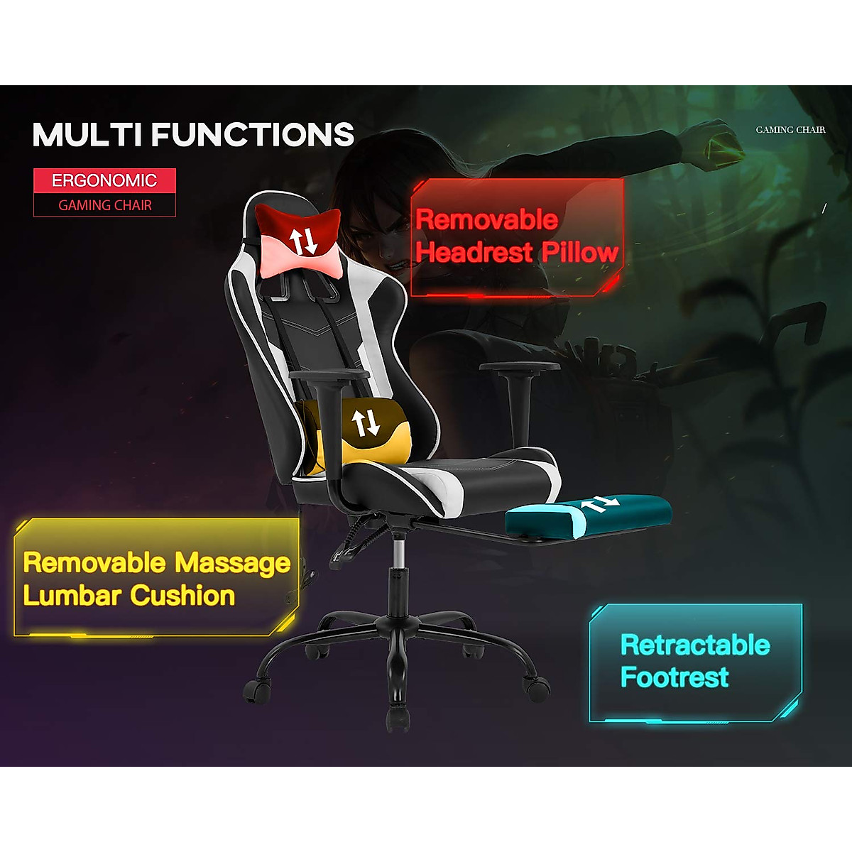 Vnewone Computer Gaming Chair Office PC Ergonomic Home Executive Desk Racing Rolling Swivel Task Adjustable High-Back PU Leather with Lumbar Support Footrest Headrest Armrest Massager, White