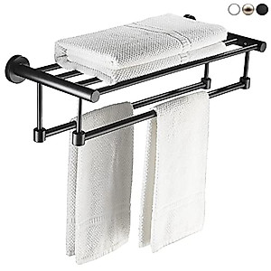 TocTen Bathroom Towel Rack, Towel Shelf for Bathroom with Double Towel Bar Wall Mounted, Premium SUS 304 Stainless Steel Hotel Bath Towel Holder, Anti-Rust Towel Rod with Shelf (24 in, Matte Black)