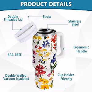Vacuum Coldee Tumbler 40 oz with Lid and Straw Spring Cute Colorful Florals White Metal Water Bottle Wide Mouth To Go Coffee Mug for Women Men Him Her