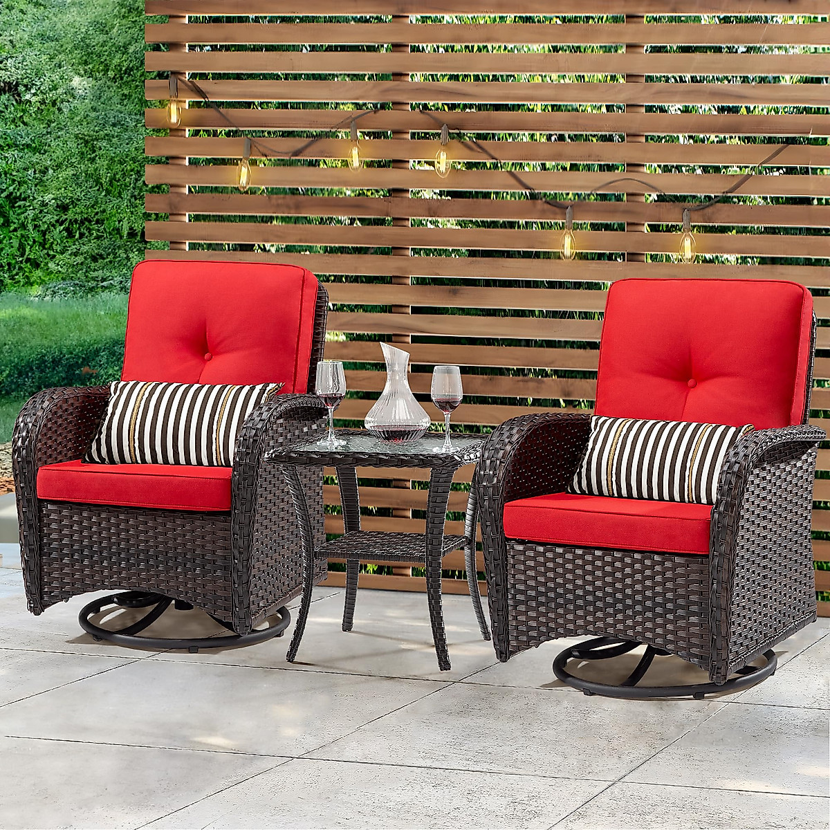 Gardenbee Patio Swivel Glider Wicker Chairs - Outdoor Swivel Rocking Chairs Set of 4 with 2 Wicker Side Tables, Patio Swivel Rocker Chair 6 Piece Patio Furniture Sets for Patio Porch Deck(Brown/Red)