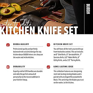 BUBBA Kitchen Knife Set for all your kitchen cutting needs with G10 Handles, Premium German Stainless Steel and a Parawood Knife Block.