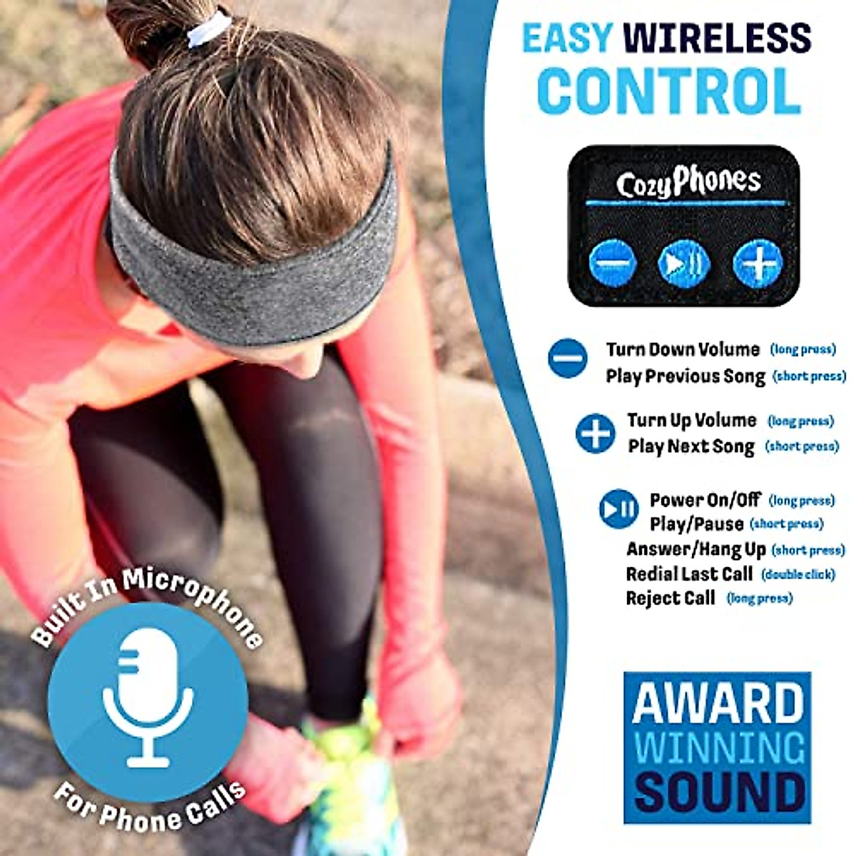 CozyPhones Sleep Headphones - Wireless Over Ear Headphones from Ultra Thin Cool Mesh Chordless Head Phones for Side Sleepers, Meditation, Running, Laptop, and Phone - Gray Lycra