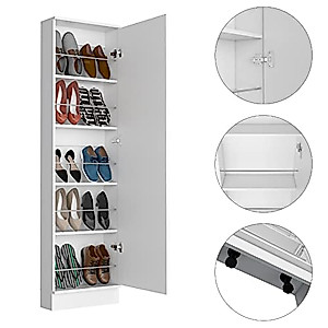 Ymlpre Full Length Mirror Shoe Rack, Wooden Standing Shoe Organizer, Five Internal Shelves, One-Door Shoe Cabinet for Entryway, Bedroom & Hallway, 18.5”W x 7.4”D x 66.9”H, White
