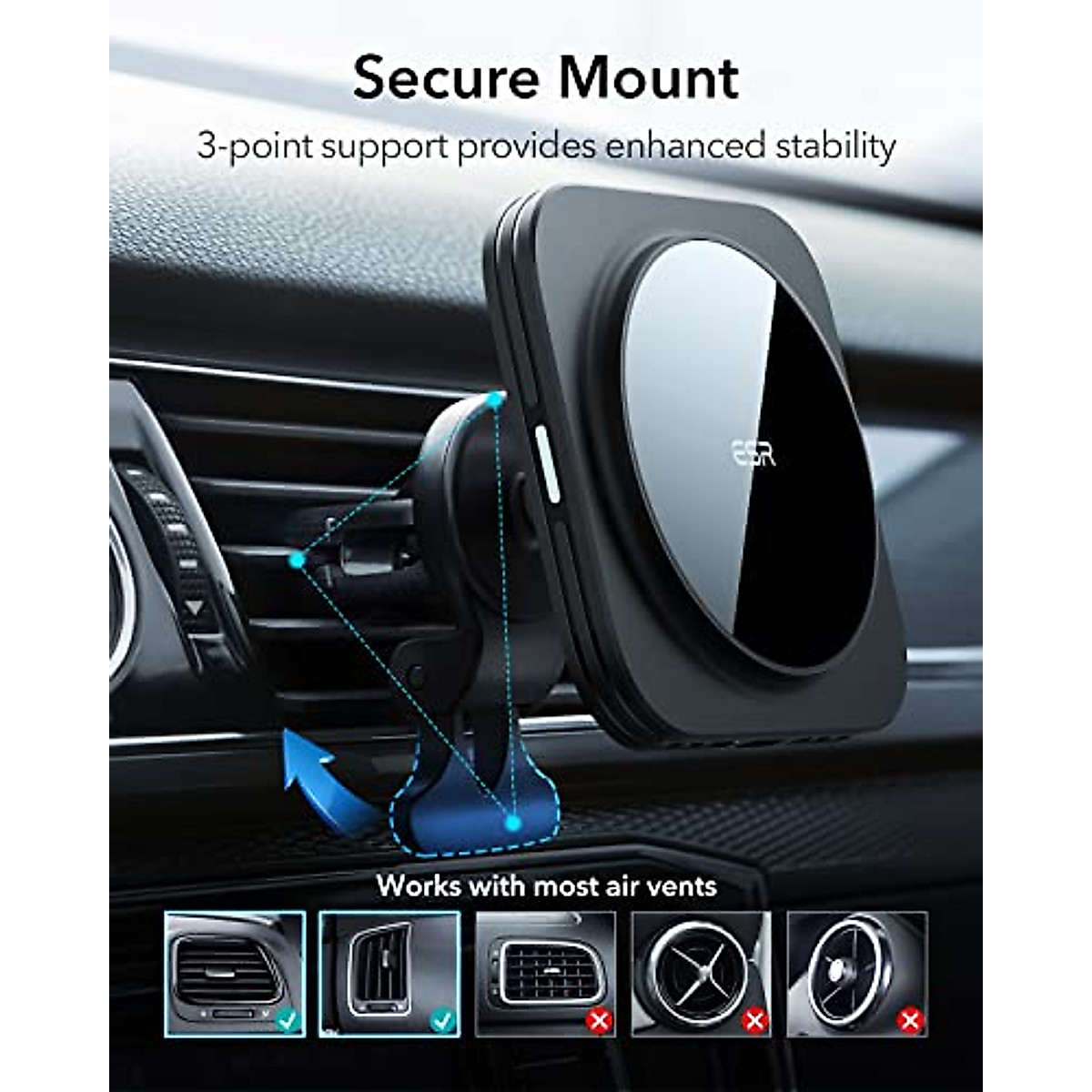 ESR Magnetic Wireless Car Mount Charger (HaloLock), Compatible with MagSafe Car Charger, Air Vent Car Phone Holder for iPhone 14/13/12 Series, Car Accessories, Fast Charging, Strong Magnets, Black