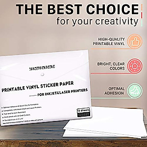 JANDJPACKAGING Printable Vinyl Sticker Paper - Waterproof Printable Vinyl for Laser & Inkjet Printer 15 Self-Adhesive Sheets - Glossy White - Standard Letter Size 8.5"x11"