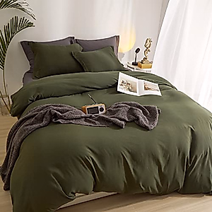 ROOMLIFE Cozy Pre-Washed Olive Green Duvet Covers Queen Size - Soft Washed Bed Set Boho Army Green Beding for All Season, 1 Comfy Comforter Cover with Zipper Closure and 2 Pillow Shams