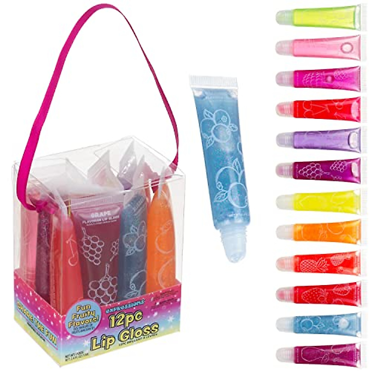 Expressions 12pc Flavored Lip Gloss Set, Glitter Lip Kit, Fruit Flavored Lip Gloss Tubes, Lip Gloss for Kids, Safe and Non Toxic Kids Makeup Set