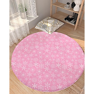 Pink Christmas Fluffy Round Area Rug Carpets 4ft, Plush Shaggy Carpet Soft Circular Rugs, Non-Slip Fuzzy Accent Floor Mat for Living Room Bedroom Nursery Home Decor Winter Fantasy Snowflake