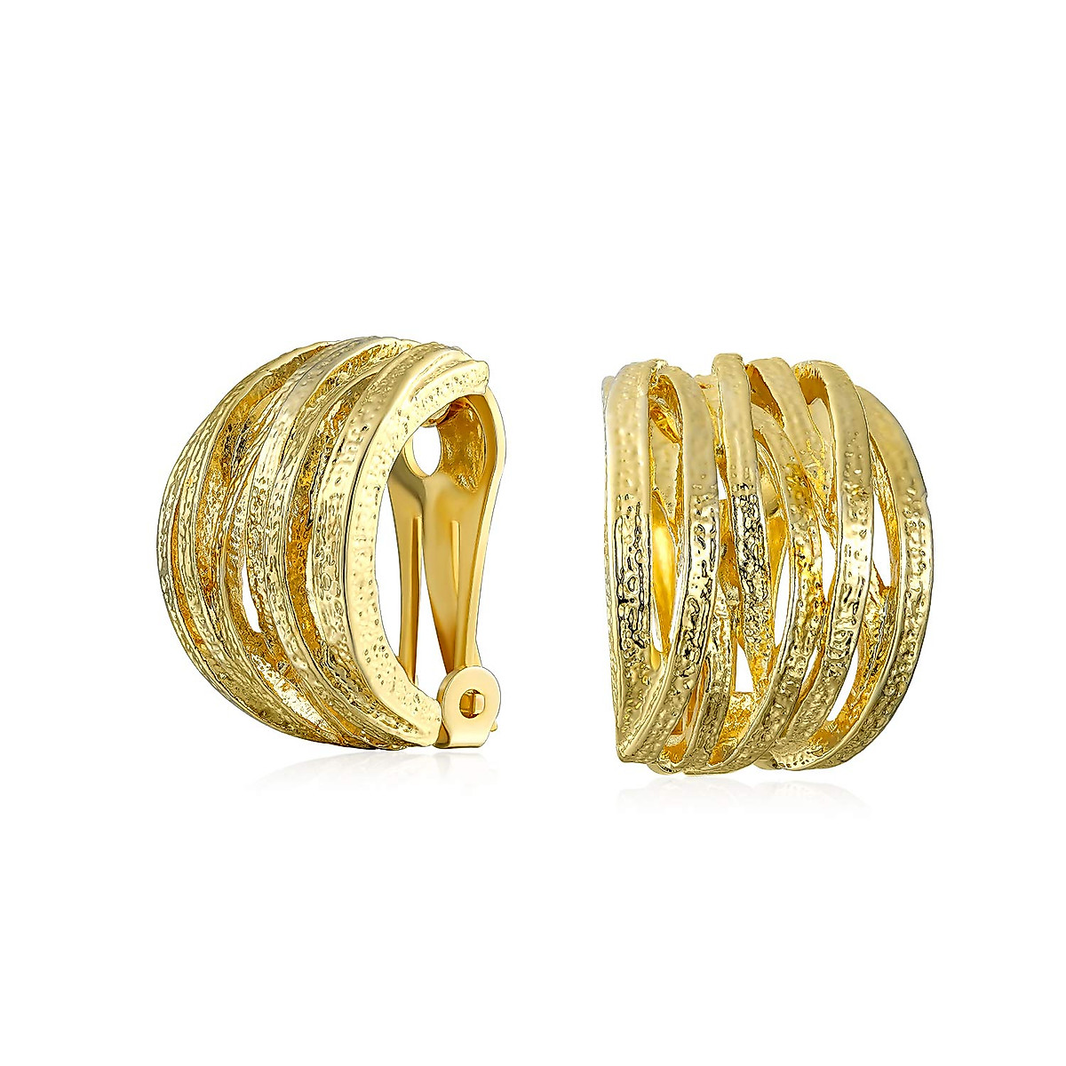 Fashion Open Criss Cross Basket Weave Wide Half Hoop Clip On Earrings For Women Non Pierced Ears Matte Gold Plated