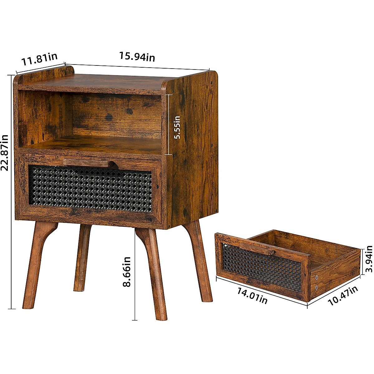 Lerliuo Rattan Nightstand, Side Table with Drawer Open Shelf, Cane Accent Bedside End Table with Solid Wood Legs, Mid Century Modern Night Stand for Bedroom, Dorm and Small Spaces (Brown)
