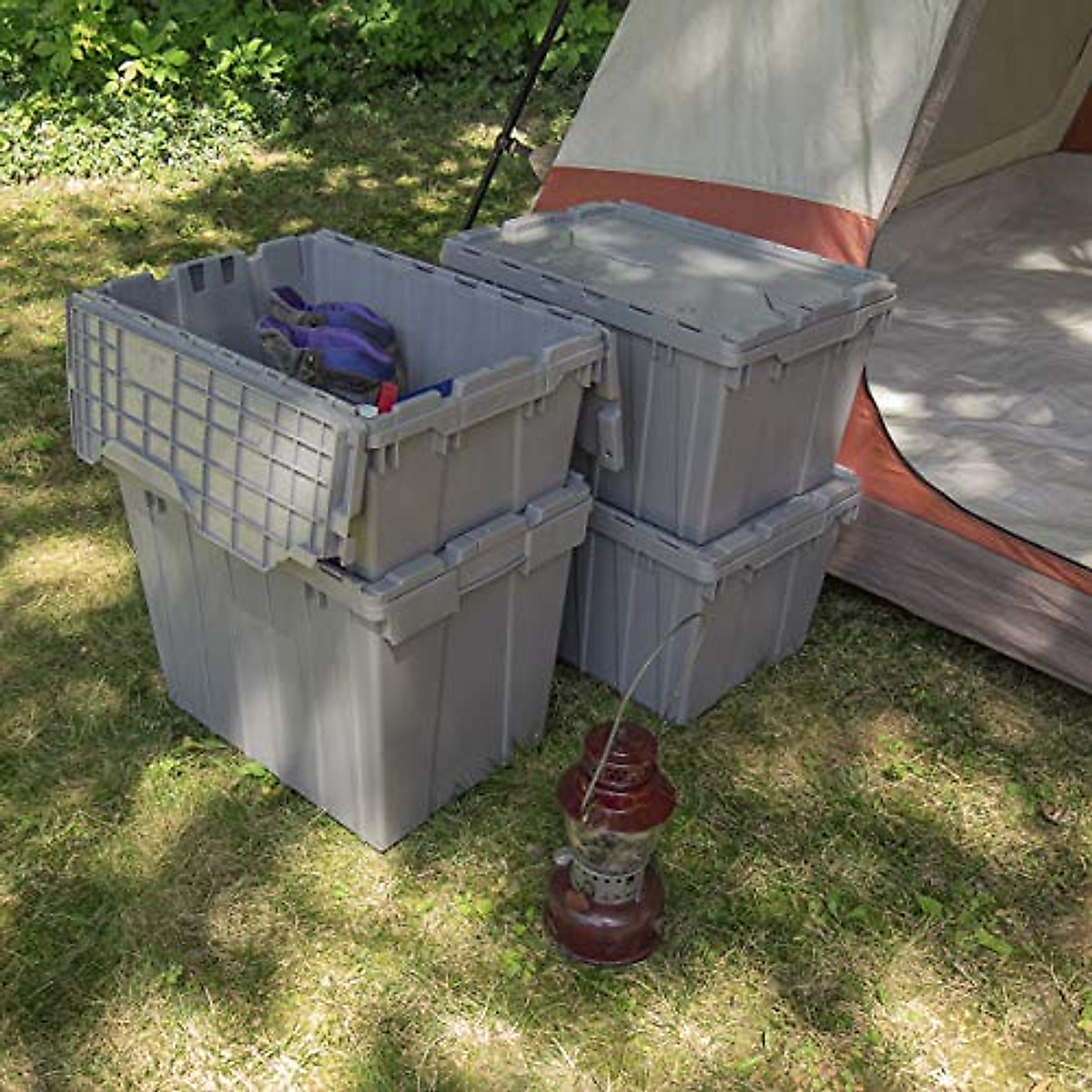 Akro-Mils 39170 Industrial Plastic Storage Tote with Hinged Attached Lid, (21-Inch L by 15-Inch W by 17-Inch H), Gray, (3-Pack)