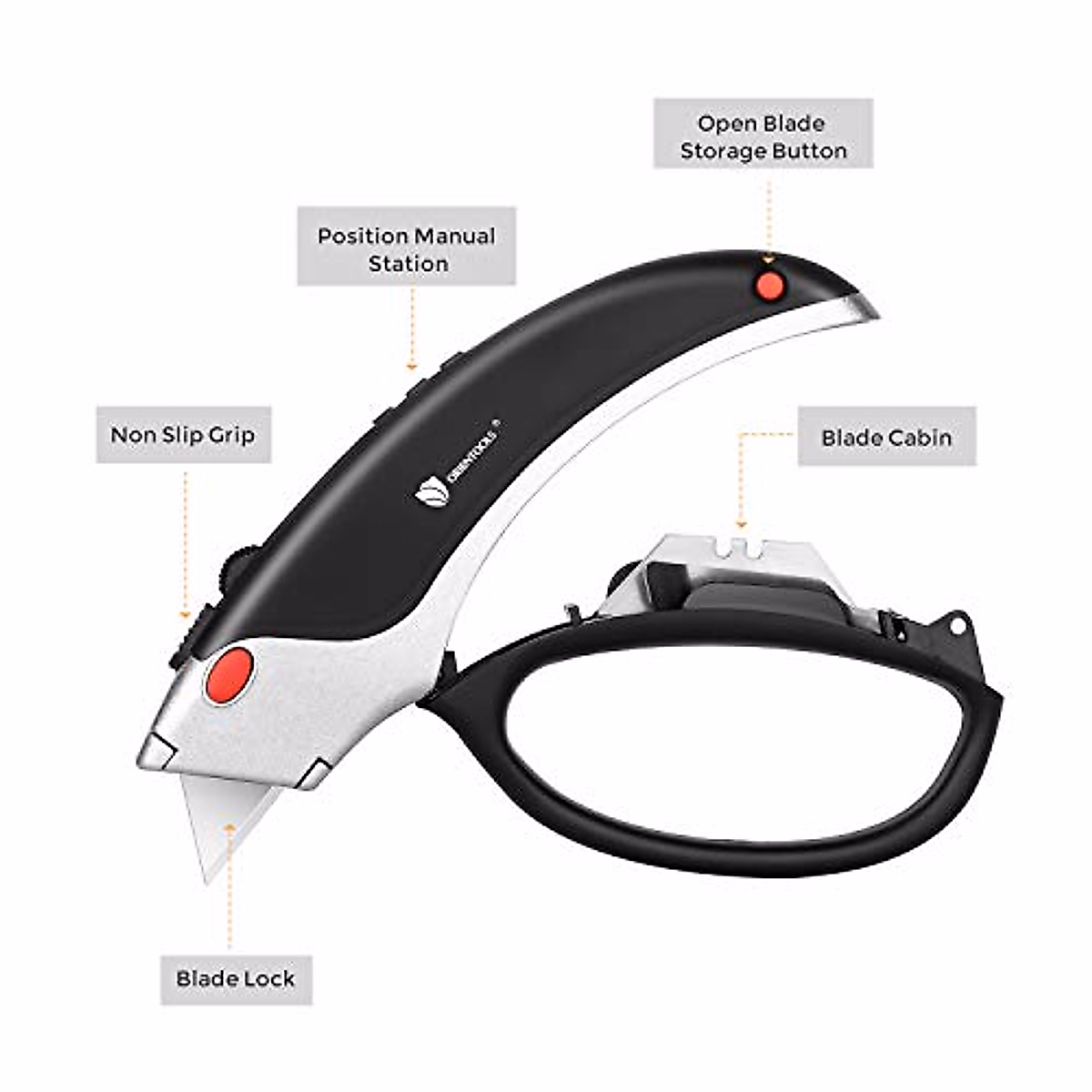 ORIENTOOLS Utility Knife Box Cutter, 2 Sets Retractable Auto-Lock Razor Knife with 5 Extra Sharp Blades and Snap Knife Combo, Non-Slip Handle Ergonomic