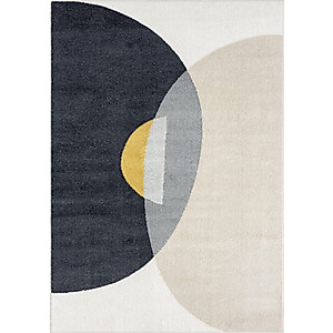 Abani Geometric Beige/Charcoal Yellow Area Rug - 8'x10' - Modern Half-Moon Design Mid-Century Deco - Easy to Clean - Durable for High Traffic Areas – Bedroom & Office - Medium Pile