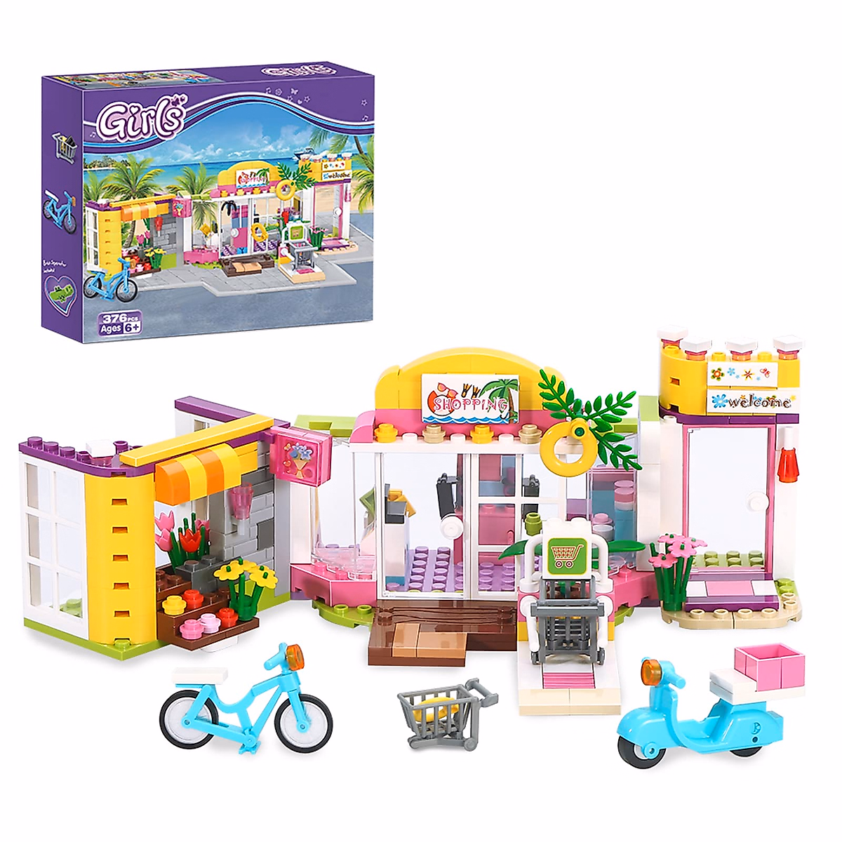 BRICK STORY Girls Friends Supermarket Building Set 376 PCS, Seaside Grocery Store Flower Shop Building Kit, Beach Shopping Mall Toy Educational Building Blocks Gift for Kids Ages 6-12