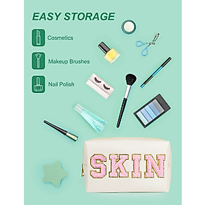 besharppin Preppy Makeup Bag, Synthetic Leather Patch Cosmetic Bag with SKIN Chenille Letter for Travel, Gift for Girlfriend or Wife, Present for Girls, Daughter, Sister and Mother