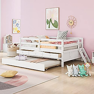 ODC Low Loft Bed with Trundle Bed and 3 Storage Drawers, Multifunctional Full Size Loft Bed with Climbing Ladder, Solid Wood Bed Frame with Full Safety Fence for Kids Boys Girls