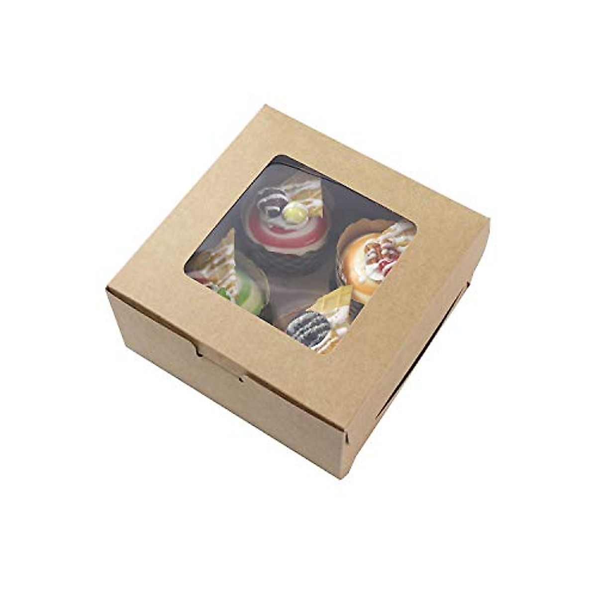 ST.LORIAN 15 Packs Bakery Cupcake Boxes with Window and Inserts 4 Holders,Twine and Stickers,6x6x3 Inch Food Grade Kraft Cookie Boxes for Muffins,Small Cakes,Cupcakes(15 Packs, Kraft)