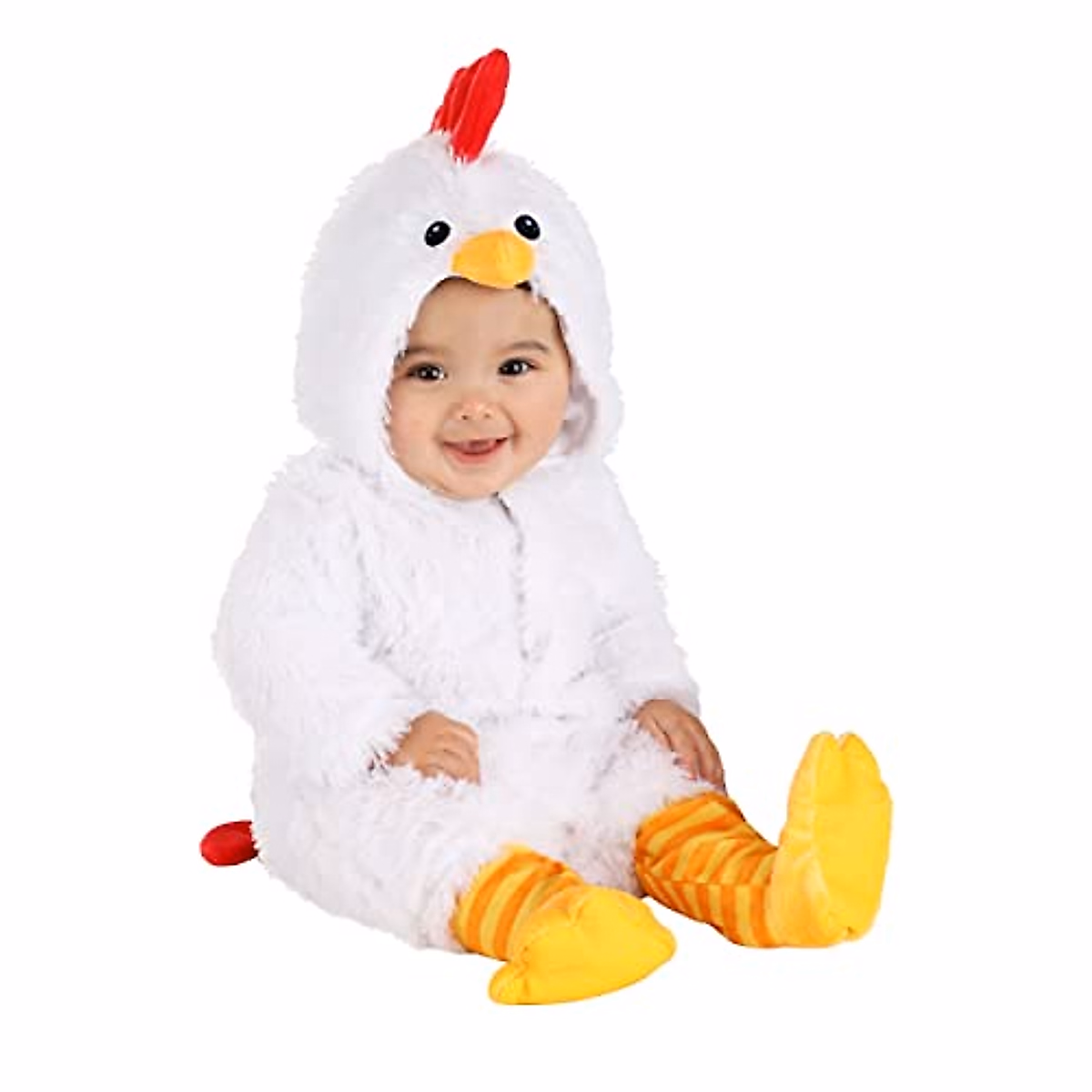 Infant Fluffy Chicken Halloween Costume | Baby Romper and Leggings with Attached Booties | Baby Chicken Outfit for Dress-Up 12/18 Months White