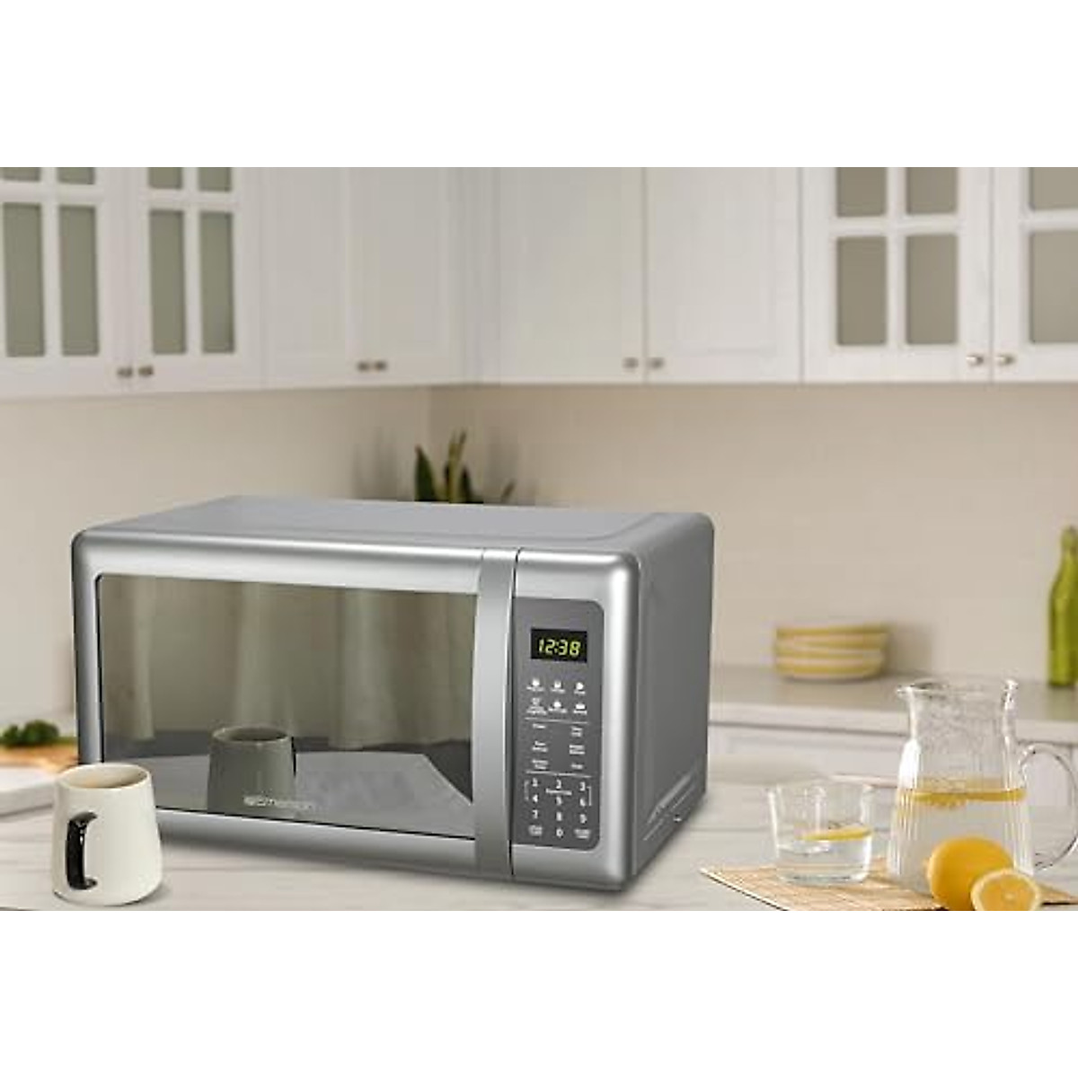 Emerson MW7601SL Compact Countertop Microwave Oven with Sleek Mirrored Finish Door 10 Power Levels, 6 Auto Menus, Glass Turntable and Child Safe Lock, 0.7 Cu. Ft, Silver
