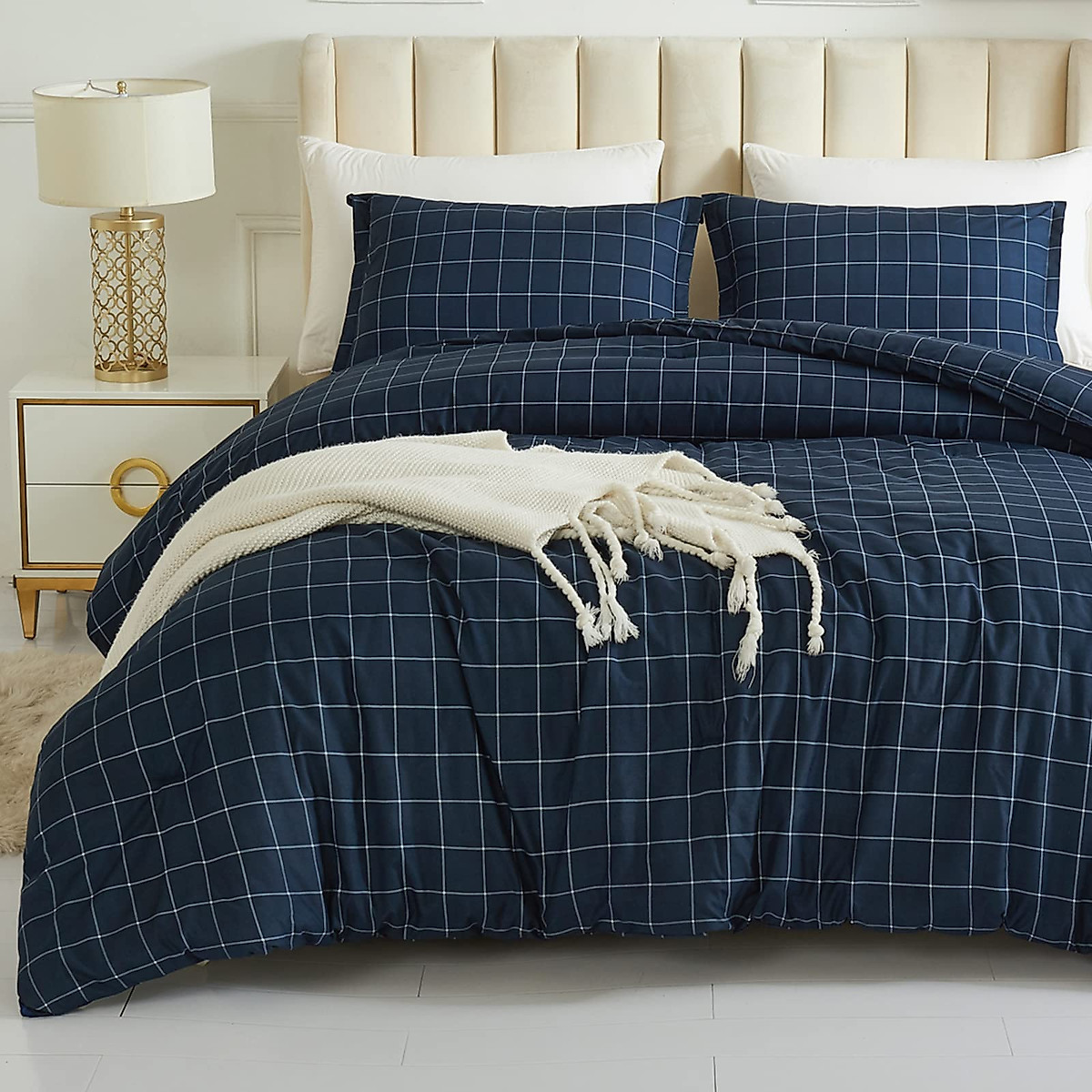 Andency Navy Grid Comforter Set Full Size (79x90 Inch), 3 Pieces(1 Grid Comforter and 2 Pillowcases), Summer Lightweight Microfiber Down Alternative Navy Comforter with White Lines