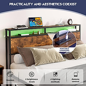 Modern Industrial Bed Frame with LED Lights,2-Tier Storage Headboard with Charging Station,Industrial Metal Platform LED Bed Frame with Outlets and USB Ports,Noise Free,No Box Spring Needed