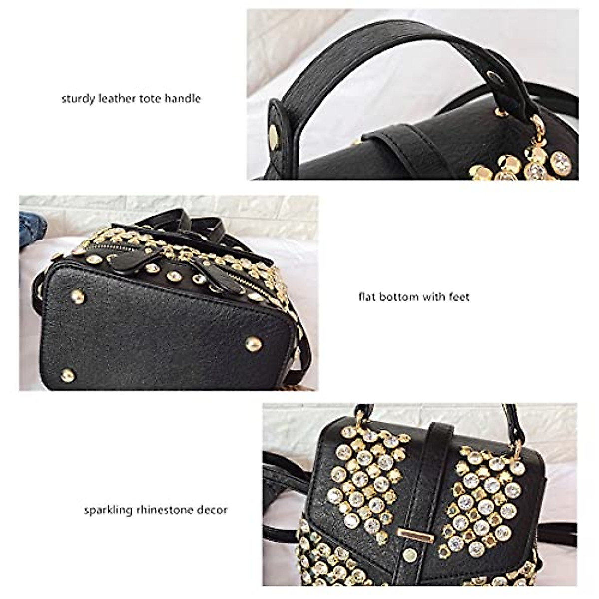 Teanea Rhinestone Studded Leather Flap Backpack Purse Black Crossbody Shoulder Bag for Women Girls, Gold