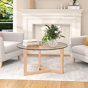 Round Accent Coffee Table, Modern Cocktail Table with Tempered Glass Top and Sturdy Wood Base, Sofa End Table Center Table for Living Room, Office, Small Spaces, Easy to Assemble, Natural