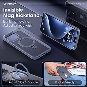 CASEKOO Genuine Official Magnetic Ring Stand for iPhone 15 Pro Max Case [Military Drop Protection] [Compatible with MagSafe] Matte Translucent Slim iPhone 15 ProMax Case 6.7'' 2023, Grey
