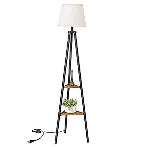VASAGLE Floor Lamp with Shelves, Standing Reading Lamp with Lamp Shade, for Living Room, Bedroom, Bulb Not Included, Rustic Brown ULFL15BX