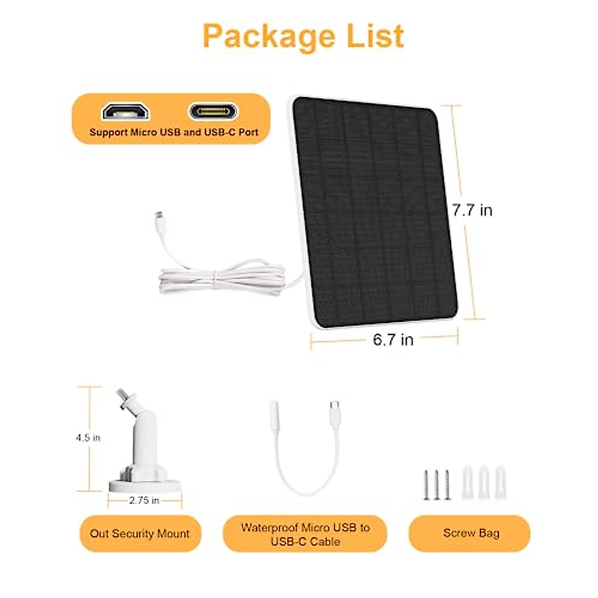 HXVIEW 6W Solar Panel for Security Camera, 5V Solar Panel Charger for Micro USB & USB-C Port Outdoor Camera, 20% Efficiency Than 5W, 360° Adjustable & IP66 Waterproof