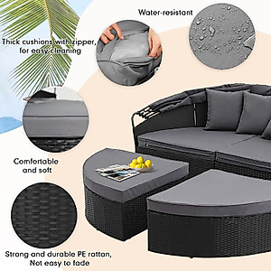 Oakmont Outdoor Patio Furniture Canopy Daybed Round Sofas, 4 Pieces Seating Separates Cushioned Seats, Black Wicker, Lawn Poolside Garden, Grey