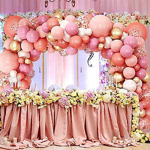 RUBFAC 147pcs Rose Gold Balloons Garland Arch Kit, 5 10 12 18 Inches Latex Pastel Pink Metallic Gold and White Confetti Balloons for Valentines Day Wedding Bridal Baby Shower Birthday Party Decoration