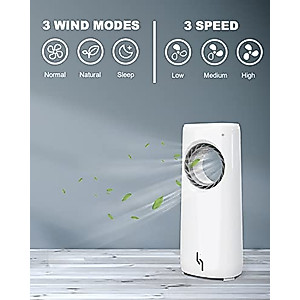 Evaporative Air Cooler Portable 3 Modes, Cooling Fan Humidification with Remote Control Bladeless Tower Fan 3 Wind Speeds, 60° Oscillation, 7.5H Timer, for Bedroom Living Rooms Office
