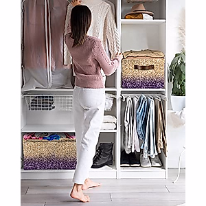 Storage Organizer Bins Set of 1 Storage Baskets for Clothes on Shelves With Handles Gradient Marble Texture Glitter Purple and Gold Rectangular Fabric Laundry Baskets for Organizing