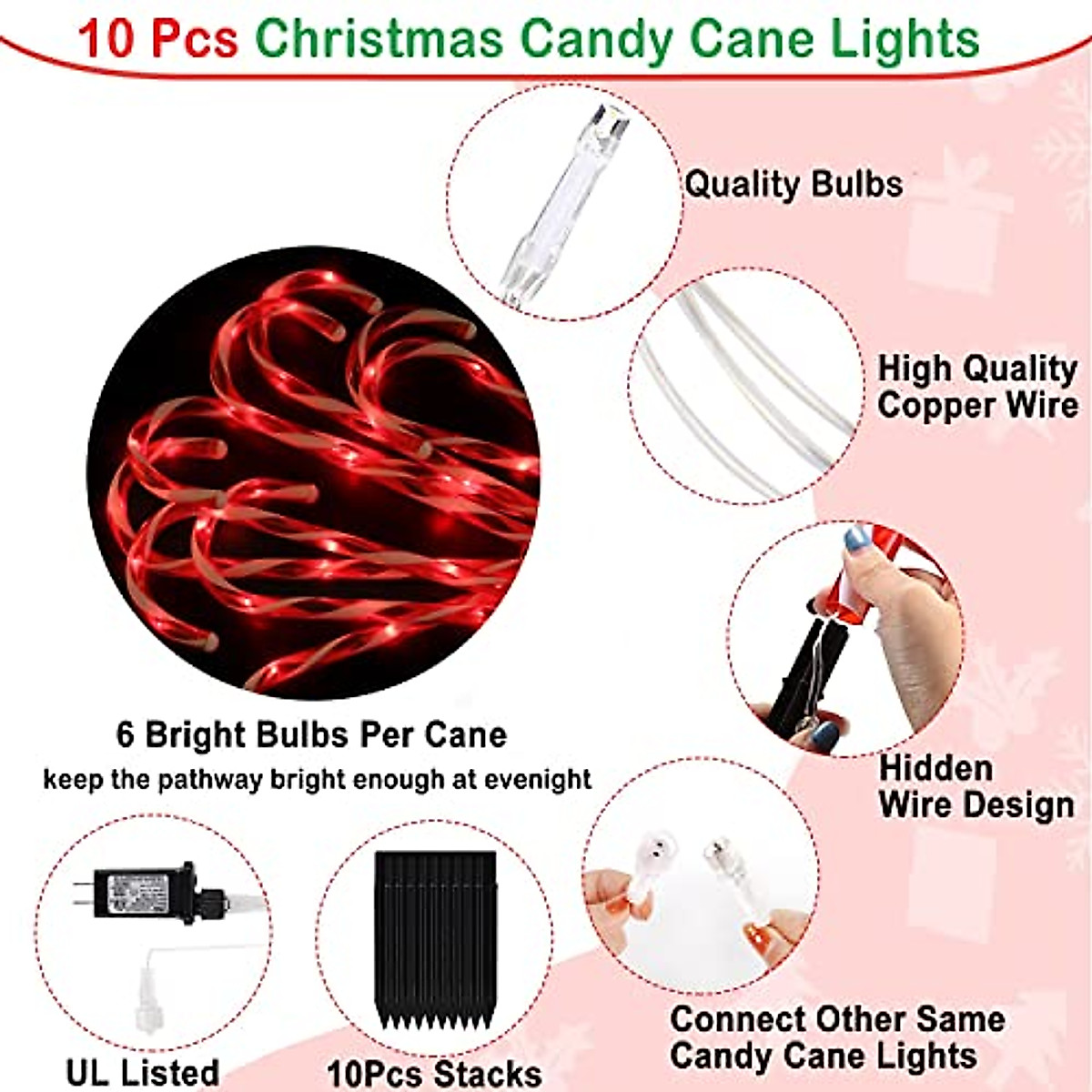 Christmas Candy Cane Lights Pathway Markers Outdoor Christmas Decorations Yard, 10 Pack 22" Waterproof Xmas Candy Cane Lights with 8 Modes & Stakes, for Holiday Party Walkway Patio Garden Indoor Decor
