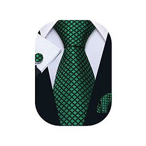 Barry.Wang Mens Ties Silk Tie Pocket Square Cufflinks Set Woven Designer Emerald Green