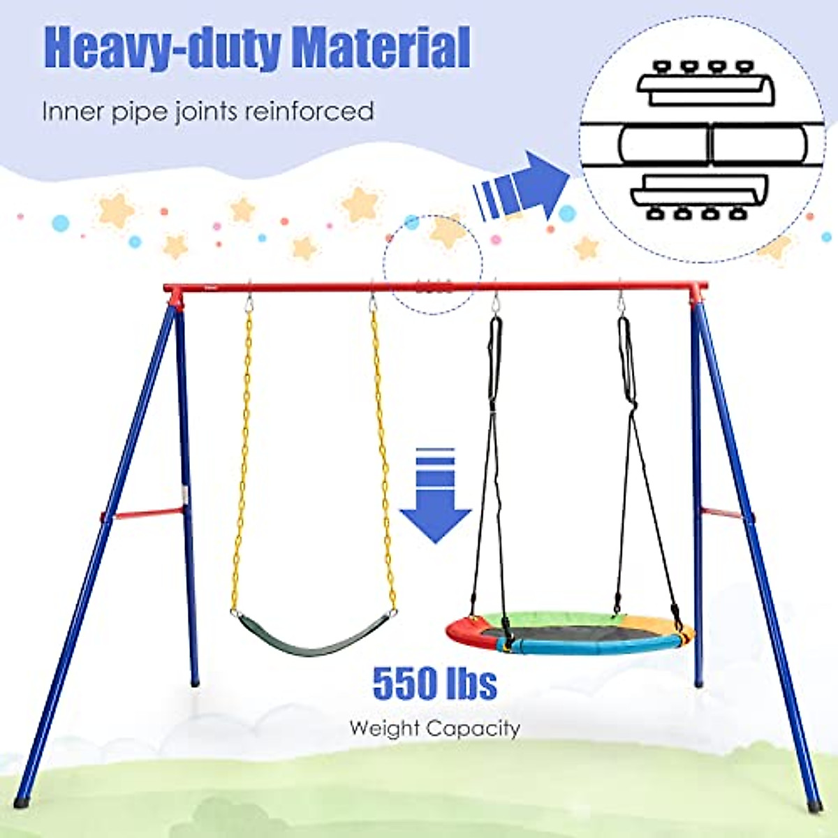 INFANS 2 Seat Swing Stand Set, 550 lbs Heavy Duty Metal Swing Frame, Extra Large A-Frame Swing Stand for Kids and Adult Indoor Outdoor Activity Backyard Playground (Red Swing Stand)